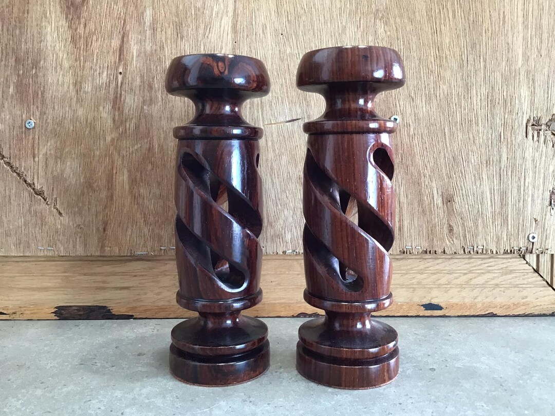 Dark Wood Barley Twist Twisted Taper Candlesticks Pair 11" Boho Set 2 ...