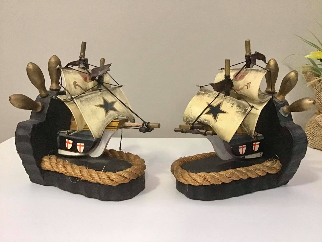 2 Ship Bookends, Nautical Decor, Vintage Sailing Ships, Wooden Ship ...