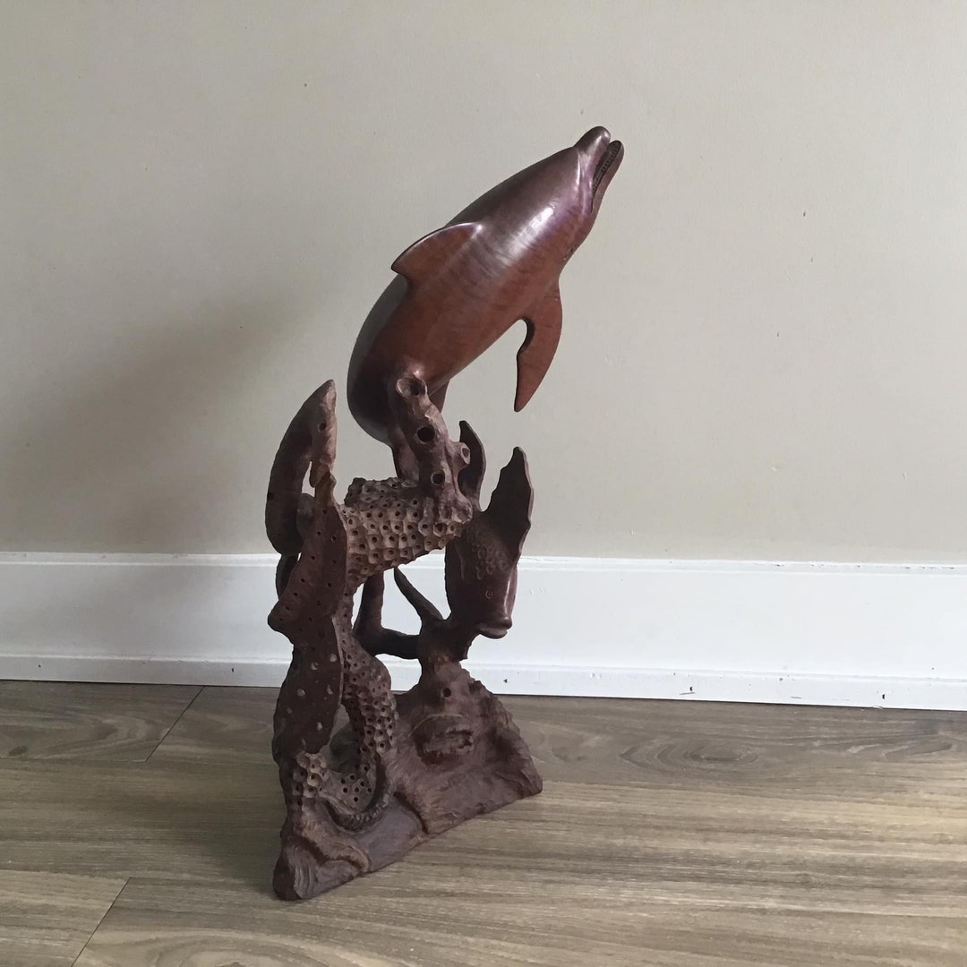 Carved Wood Dolphin and Fish Statue, Sea, Ocean Animal Decor - Etsy