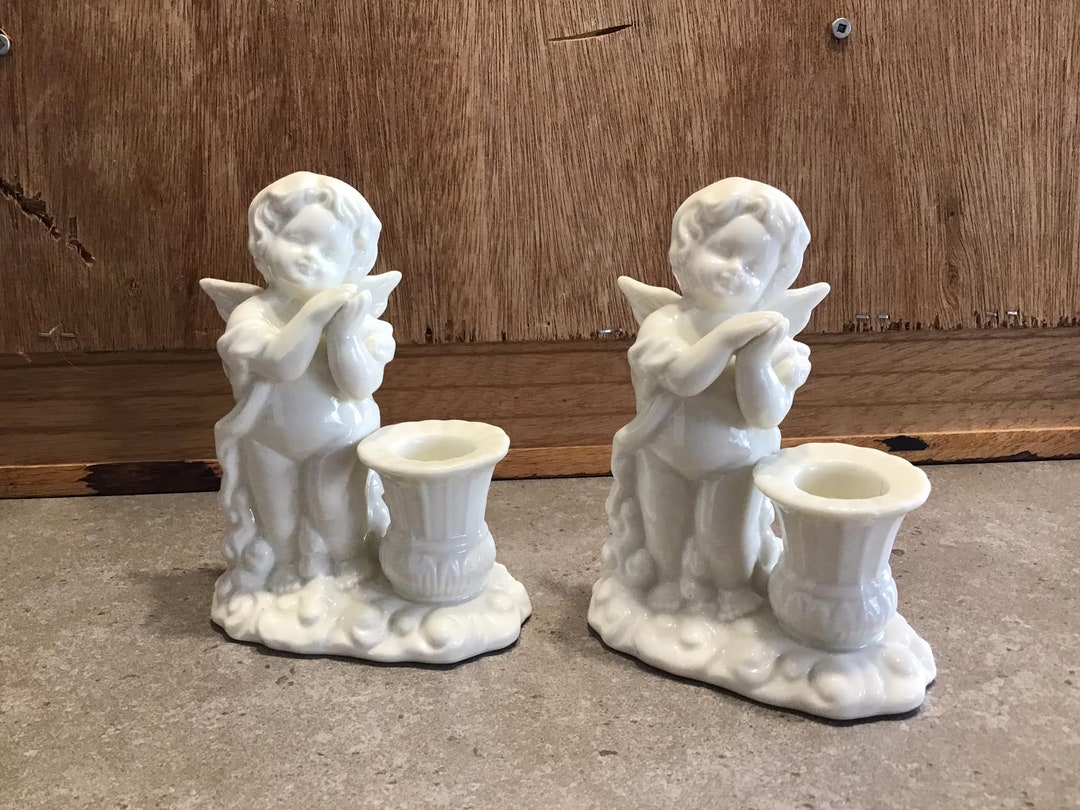 2 Vintage Ceramic Cherubs Candle Holders Cupid Angel Candlelit Gothic ...