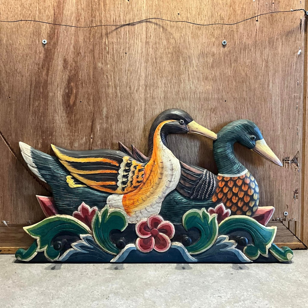 Vintage Wooden Duck Wall Hanging Plaque W/ 4 Hooks Painted Wood Nature ...