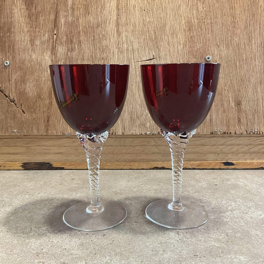 Ruby Red Wine Glasses, Set of 2, Hand Blown Glass, Twisted Clear Stem ...
