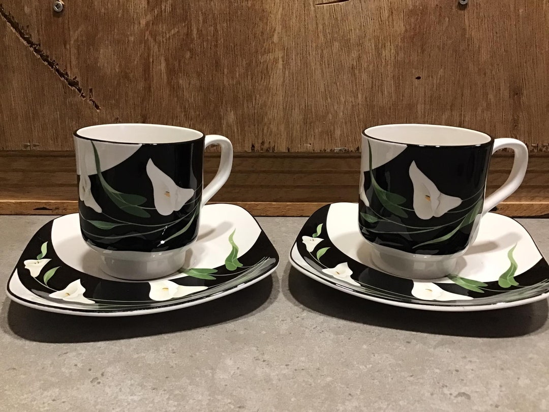 Set of 2 Sango Quadrille Black Lilies Coffee Cups With Saucers Semi ...