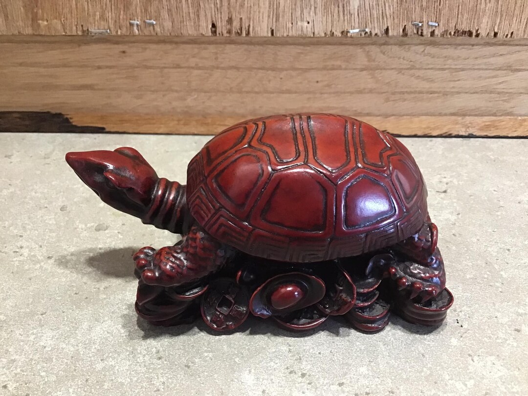 Chinese Red Resin Luck Turtle Statue/turtle on Pile of Chinese Coins ...