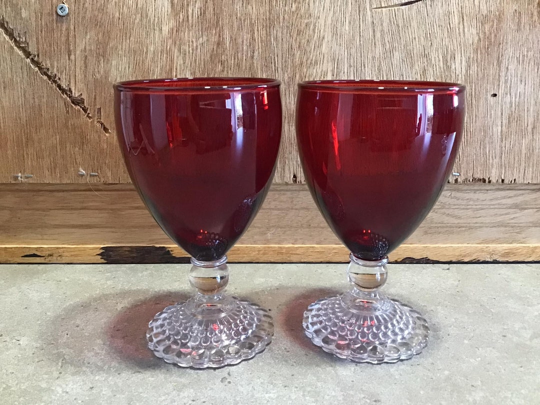2 Vintage Ruby Glass Goblets on Clear Graduated Hobnail Pedestal Bases ...