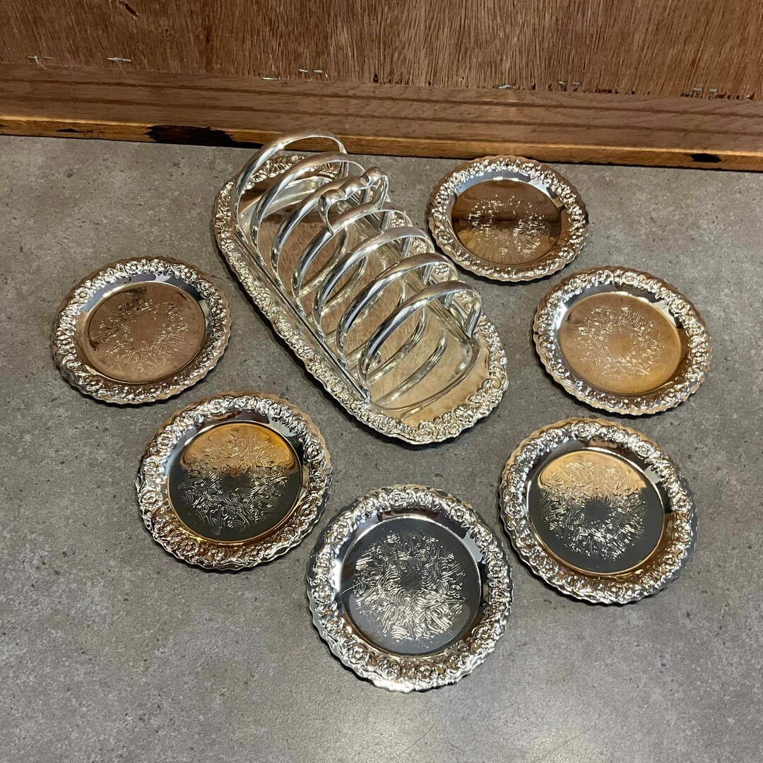 Set of 6 Vintage Stackable Metal Drinking Coasters and Holder With ...