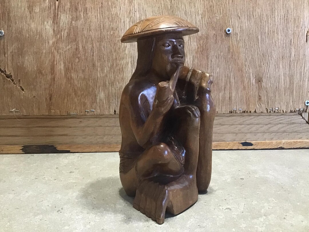 Vintage Carved Wood Native Art Statue, Primitive Man Sitting Antique ...