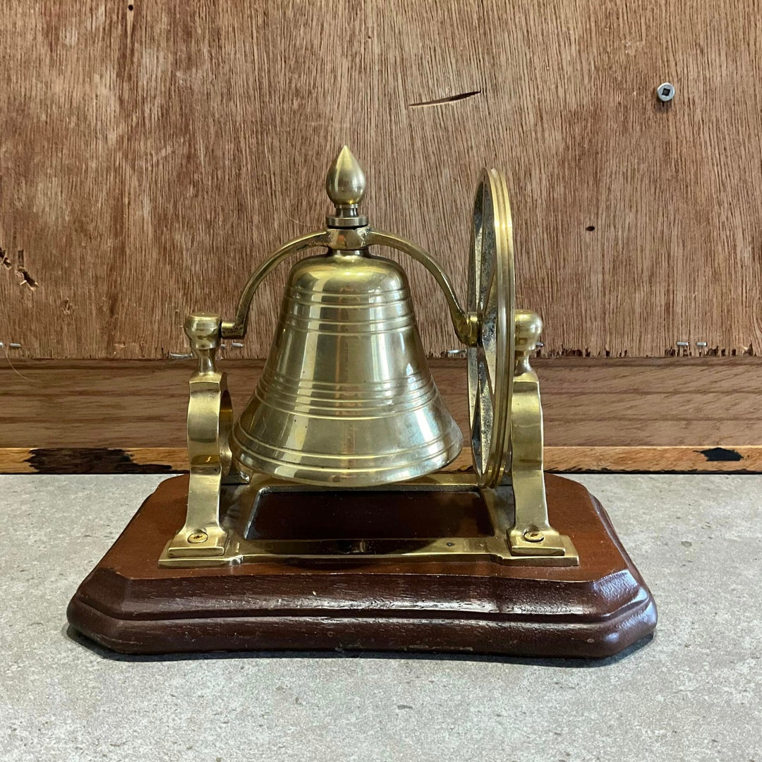 Vintage Solid Brass Bell on Wood Stand Cast Brass Bell on Brass Wheel ...