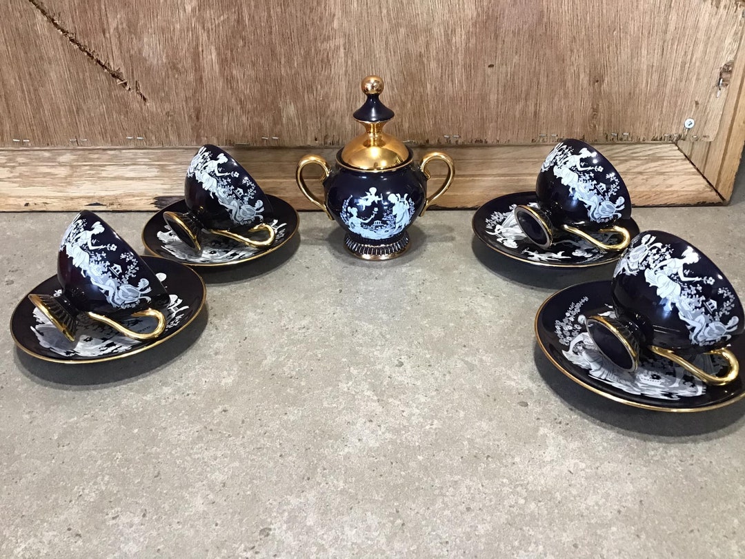 5 FLORENTINE Cobalt Blue Tea Set With Cupid/cherub Courting Couple ...