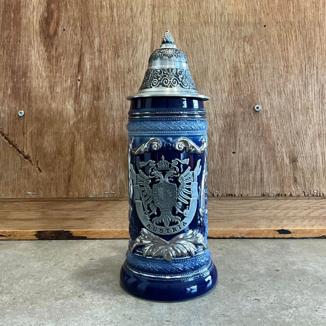 Engraved Ceramic Beer Stein With Lid, Austria Eagle Medallion, Blue - Etsy