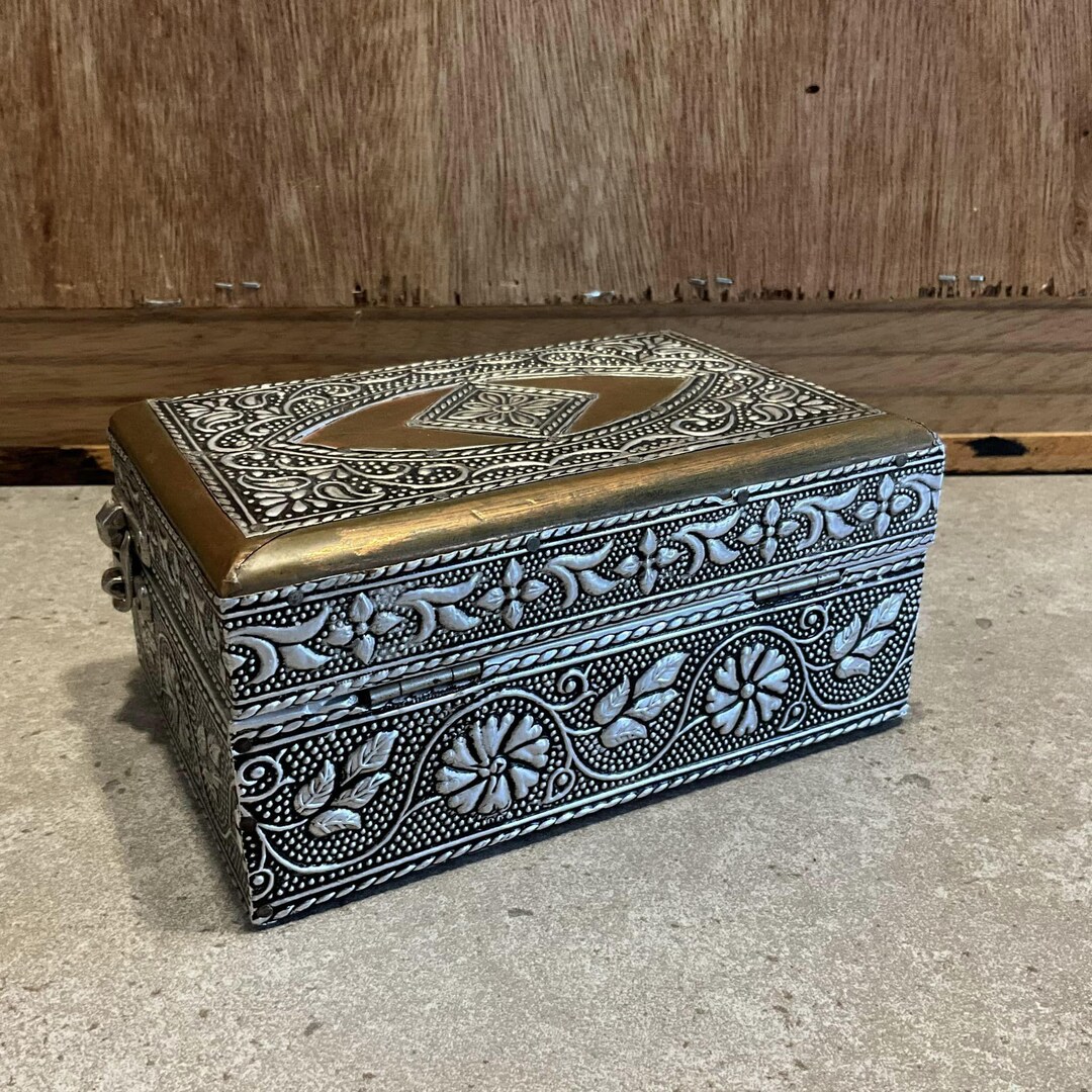 Vintage Handmade Hammered Metal Jewelry Box With Intricate Floral ...