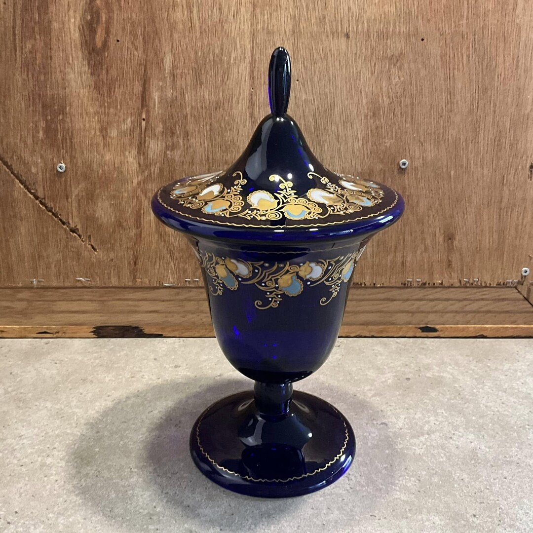 Vintage Cobalt Blue Gold Pedestal Candy Jar With Lid Hand Painted - Etsy