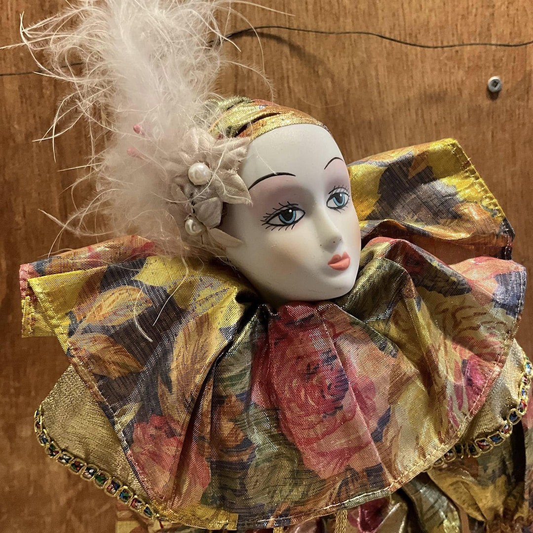 Vintage Pierrot Clown Doll Porcelain Head Arms Feet Pink & Golden ...