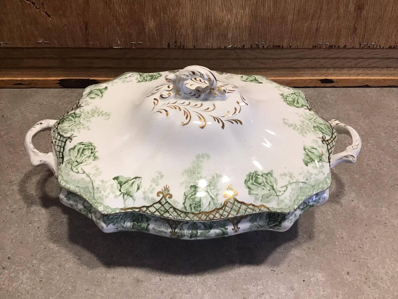 Waterloo Potteries Rose Royal Tureen: Green White Semi-porcelain ...