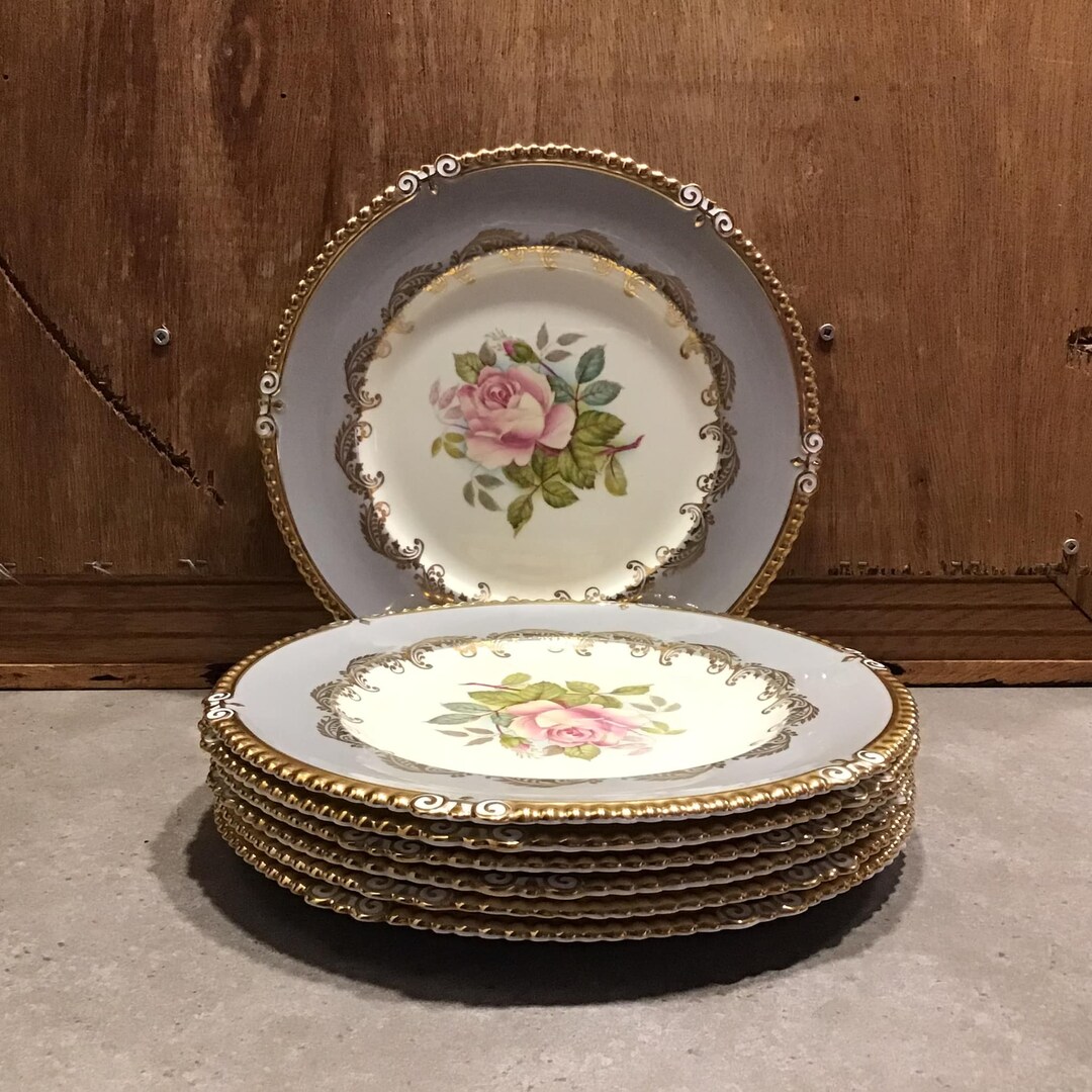 Aynsley Dinner Plate, Grey, Rose, Gold Trim, Made in England - Etsy