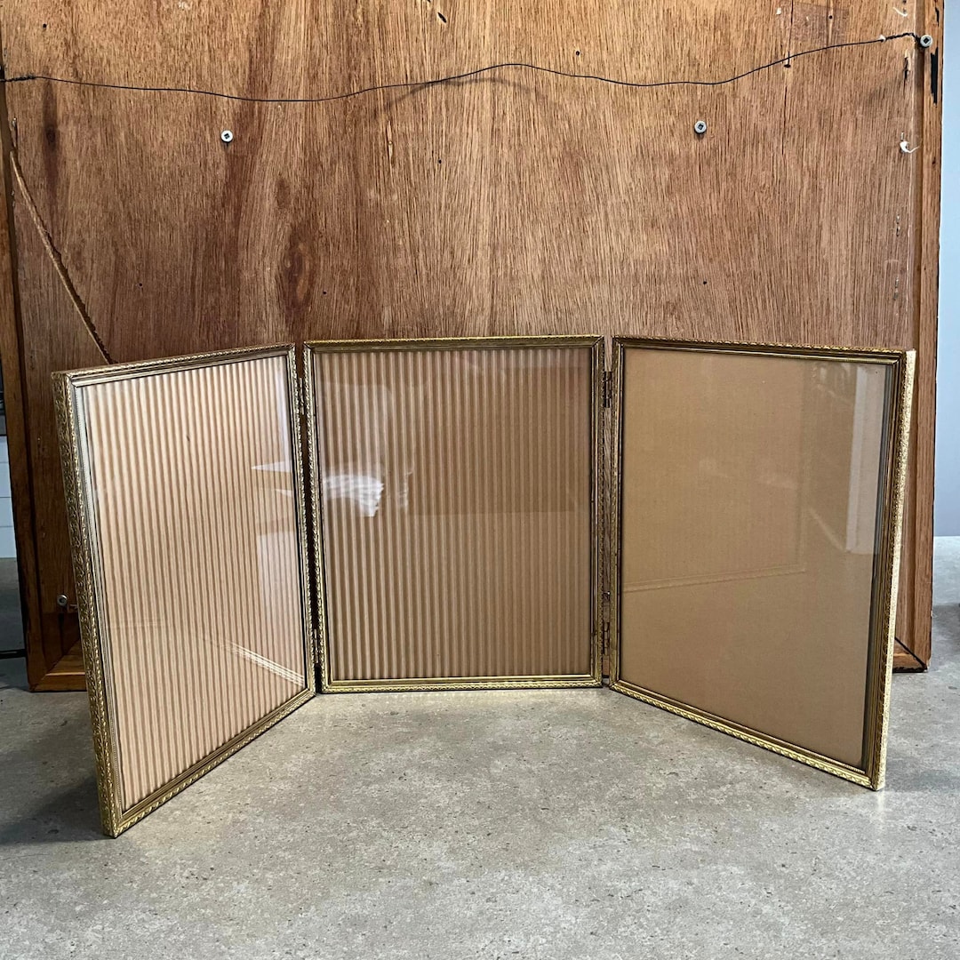 Vintage Large Triple Frame Metal Folding Picture Frame Tabletop Tri ...