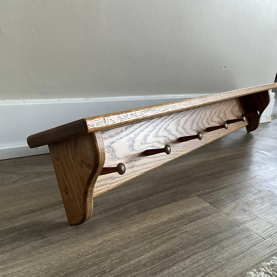 VTG Wood Wall Shelf With Plate Groovy and 6 Hooks Farmhouse Decor 36 ...