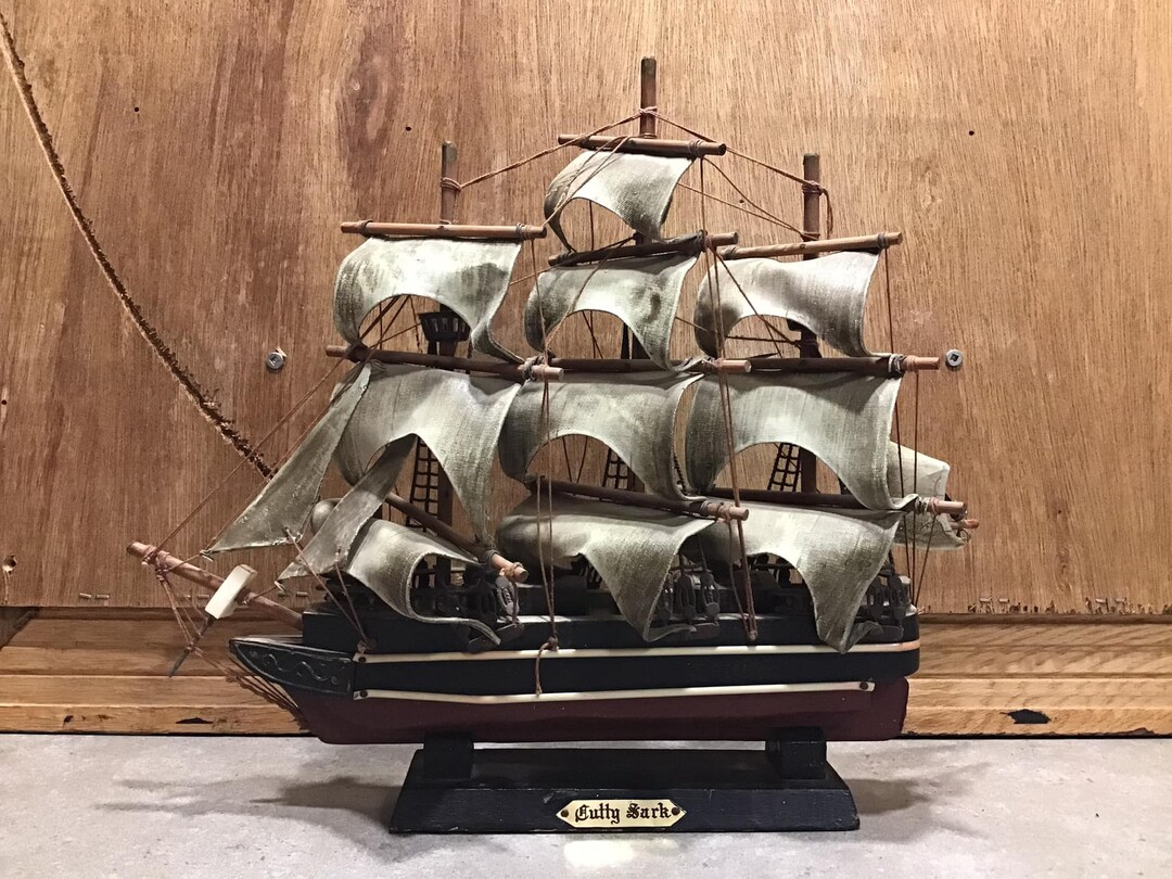Vintage Painted Wood Ship Statue Model Replica Fabric Sails Boat ...