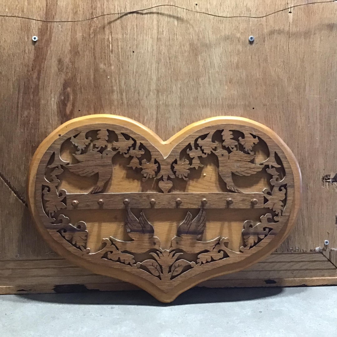 Carved Wooden Heart Wall Sign Plaque With Birds, 8 Hooks - Etsy