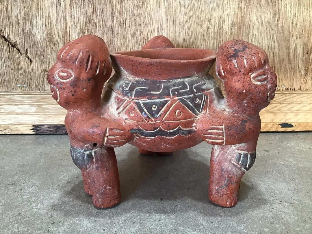 Terracotta Red Clay Pottery With 3 Primitive Mayan or Aztec Type Men ...
