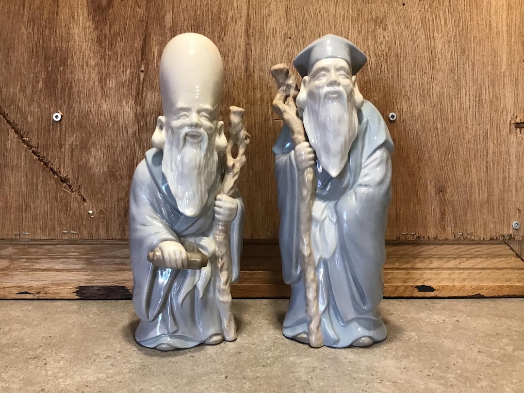 2 Fukurokuju Ceramic Statue, Japanese Art, Japanese Pottery, Fukurokuju ...
