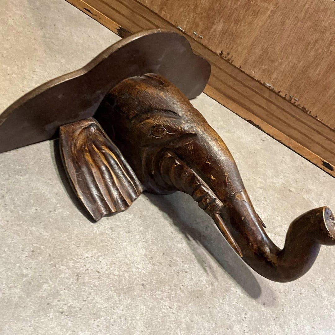Vintage Wood Shelf With Elephant Design Wall Hanging, Carved Wood ...