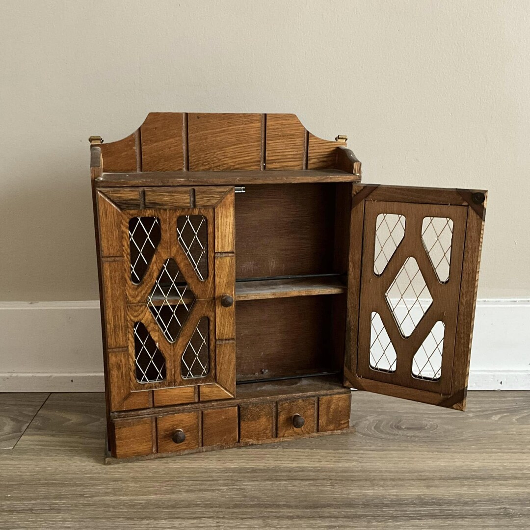 Vtg Wood Spice Cabinet Wall Mounted Wood W/ Drawers & Quatrefoil ...