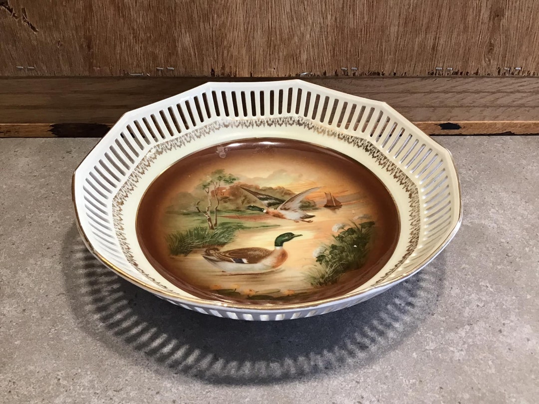 Antique Carl Schumann Dresden Style Reticulated Ducks on Lake Bowl ...