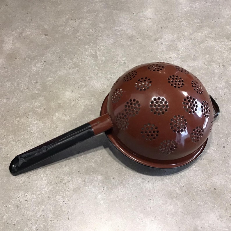 Vintage Enamel Colander With Handle, Brown - Etsy