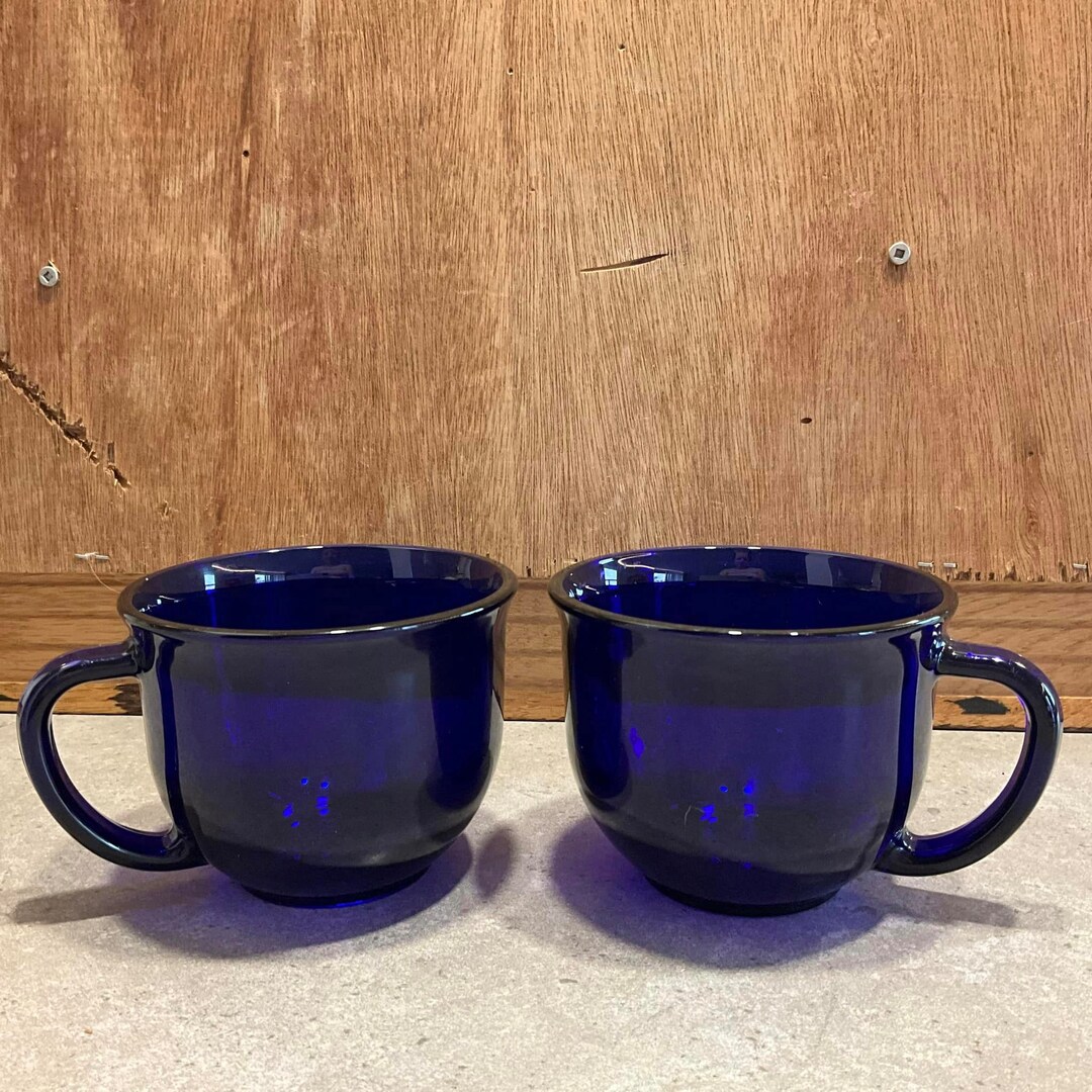 Vintage Cobalt Blue Large Glass Coffee Mugs, Soup Cups Tea Mugs Set of ...