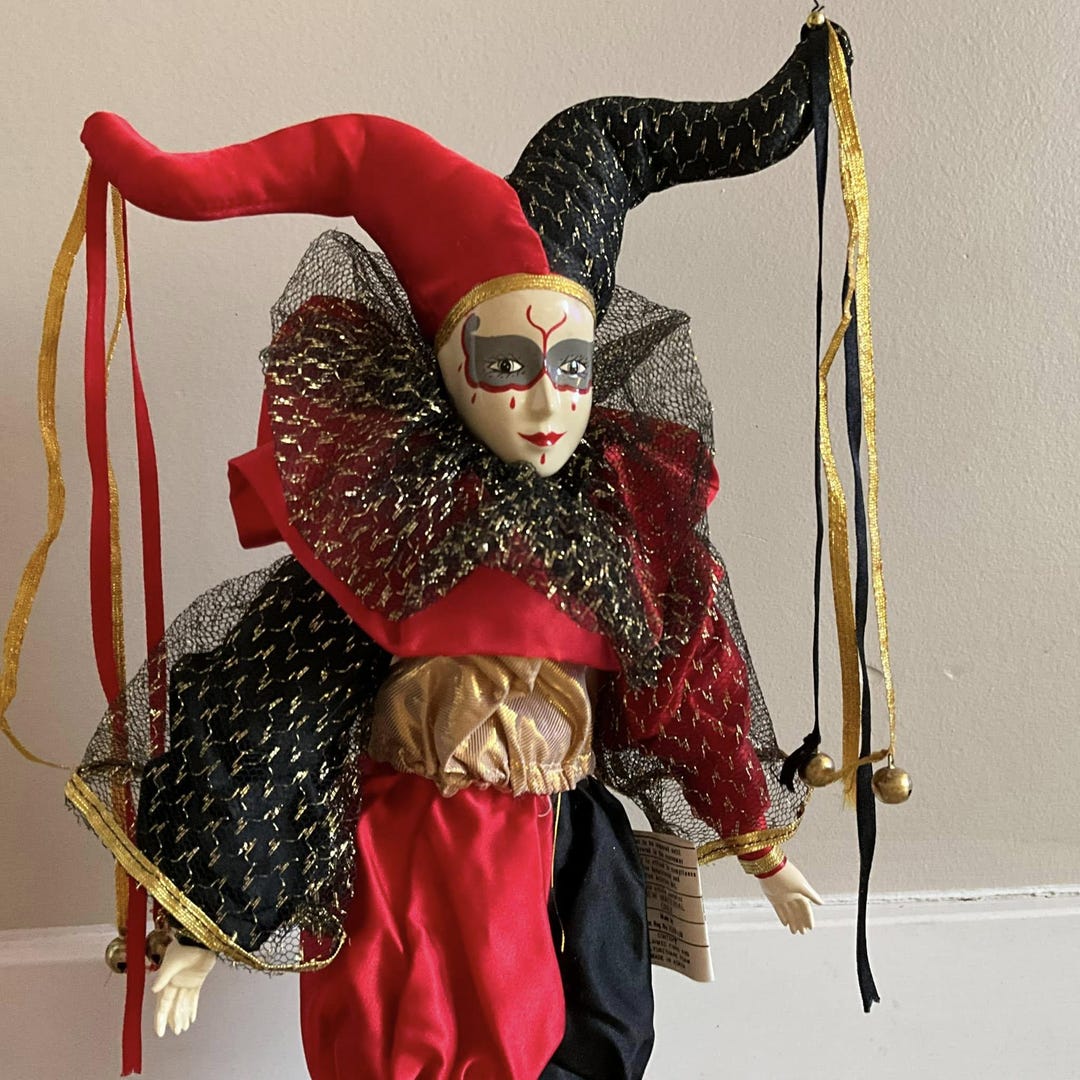 Vintage Harlequin Doll: Venice Carnival Pierrot Clown, Red Black Gold ...