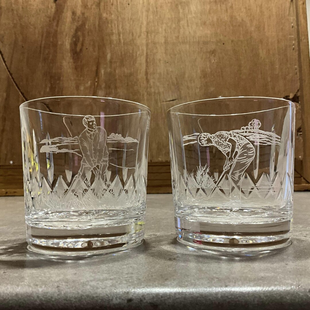 2 Edinburgh Cut Crystal Whisky Glasses With Golf, Old Fashioned, Made ...