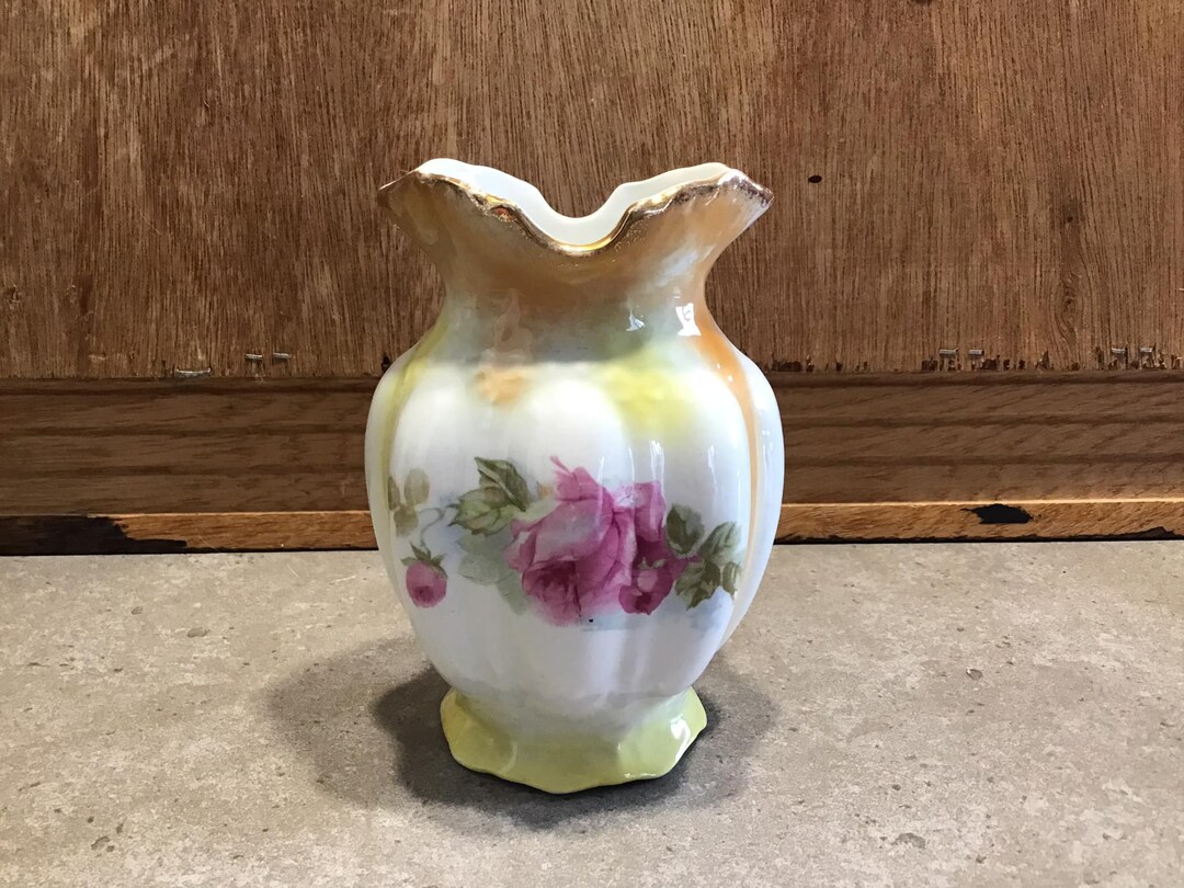 Vintage or Antique Vase, Rose Pattern, Floral Vase, Display Vase, Pink ...