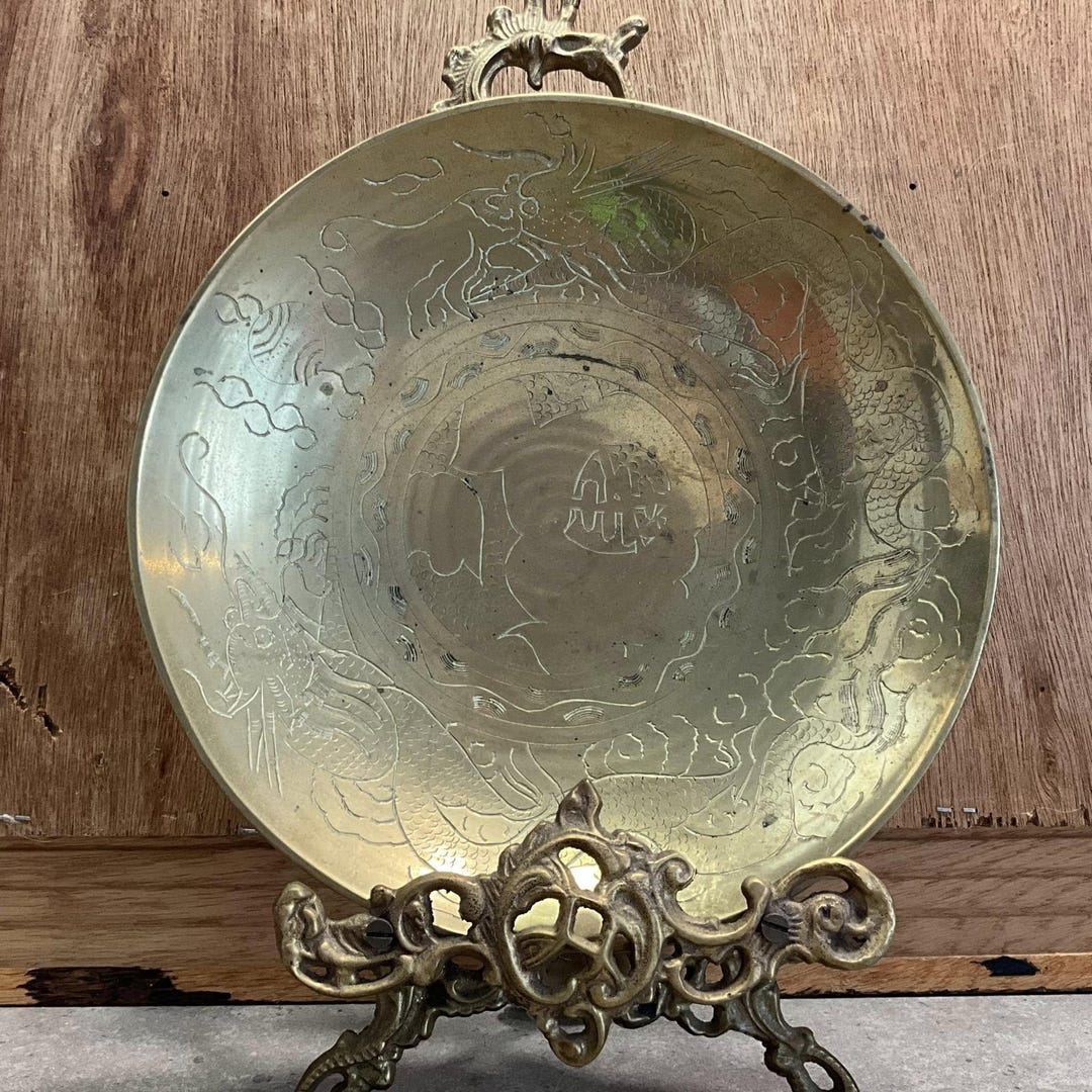 Vintage Solid Brass Shallow Engraved Decorative Asian Bowl Chinese ...