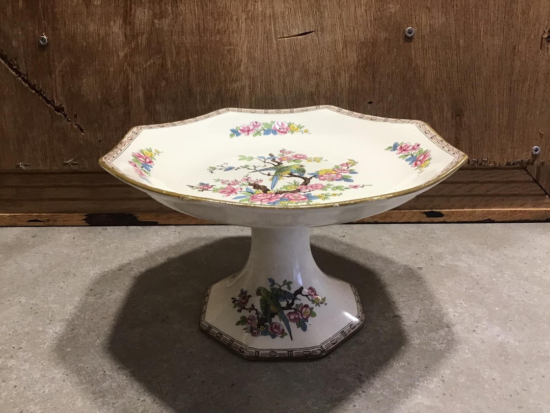 Antique CROWN DUCAL Ware Cake Stand Floral With Parrot Bird Pattern ...