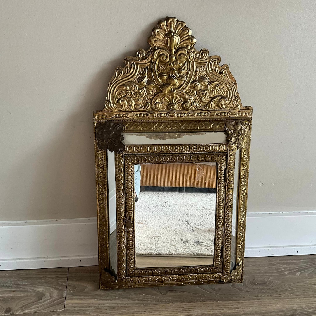 Mirror Cabinet, Rococo Glass Brass, Rare Antique Repousse Brass Wall ...