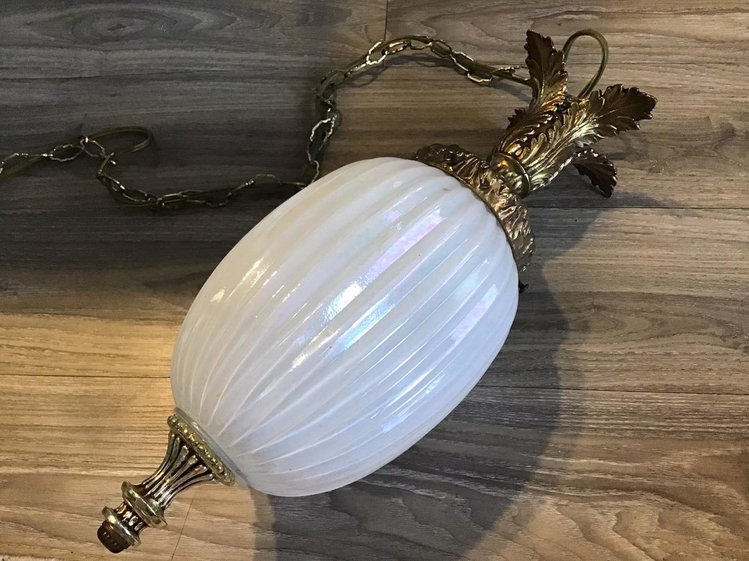 VINTAGE Glass Brass Hanging Lamp With Chain and Button Switch - Etsy