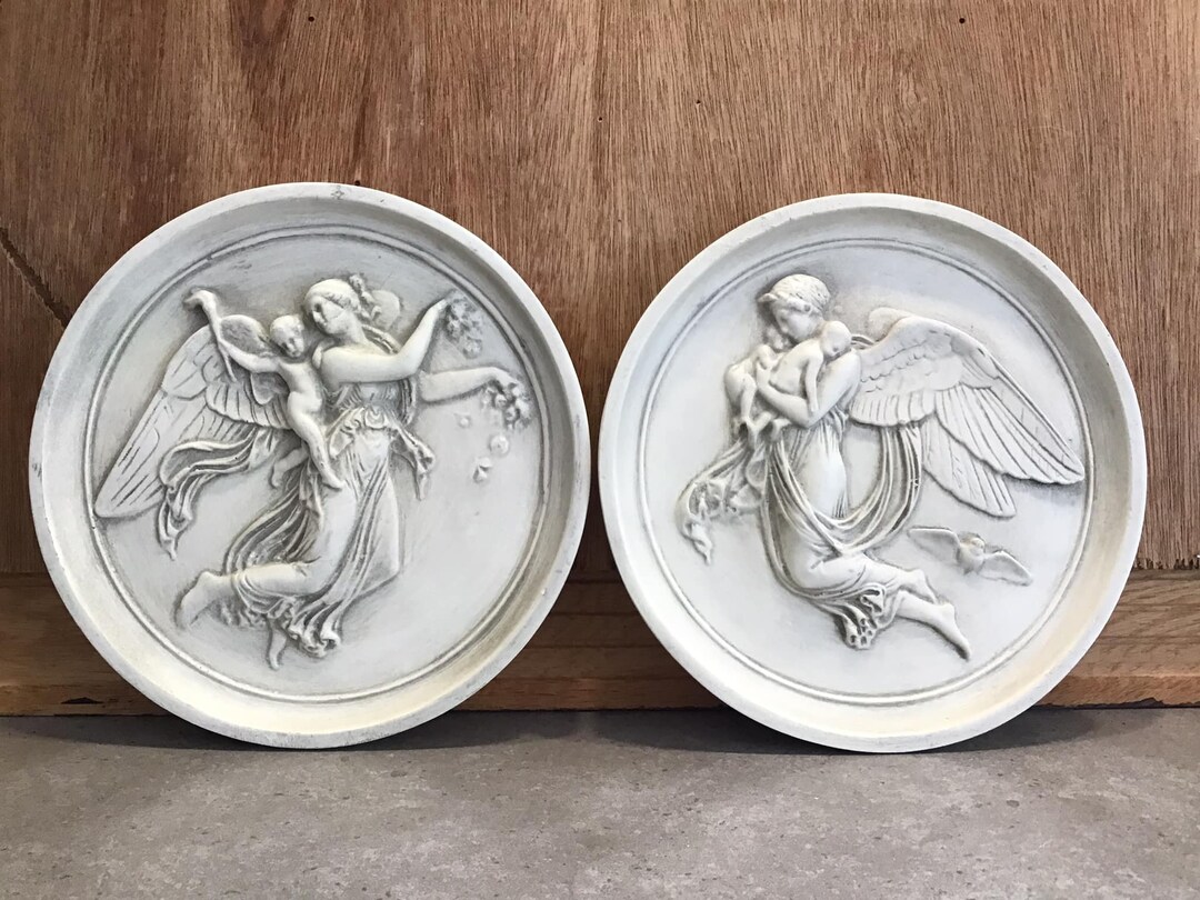2 Angel Round Wall Plaques Angels Flying With Little Baby Angels - Etsy