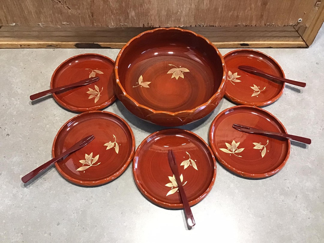 Vintage Japanese Lacquerware Salad Serving Bowl and Utensils, Lacquered ...