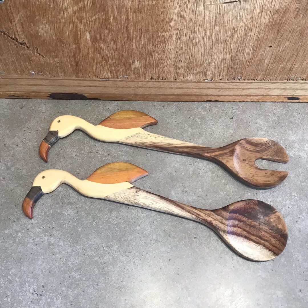 Carved Wood Bird Salad Spoon and Fork - Etsy