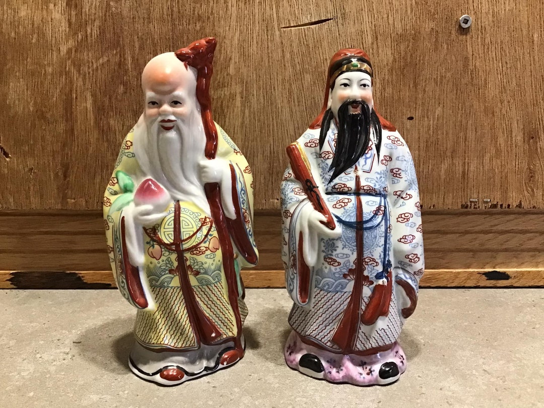 2 Chinese Deity Statues Immortal Figurines Hand Decorated Vintage ...