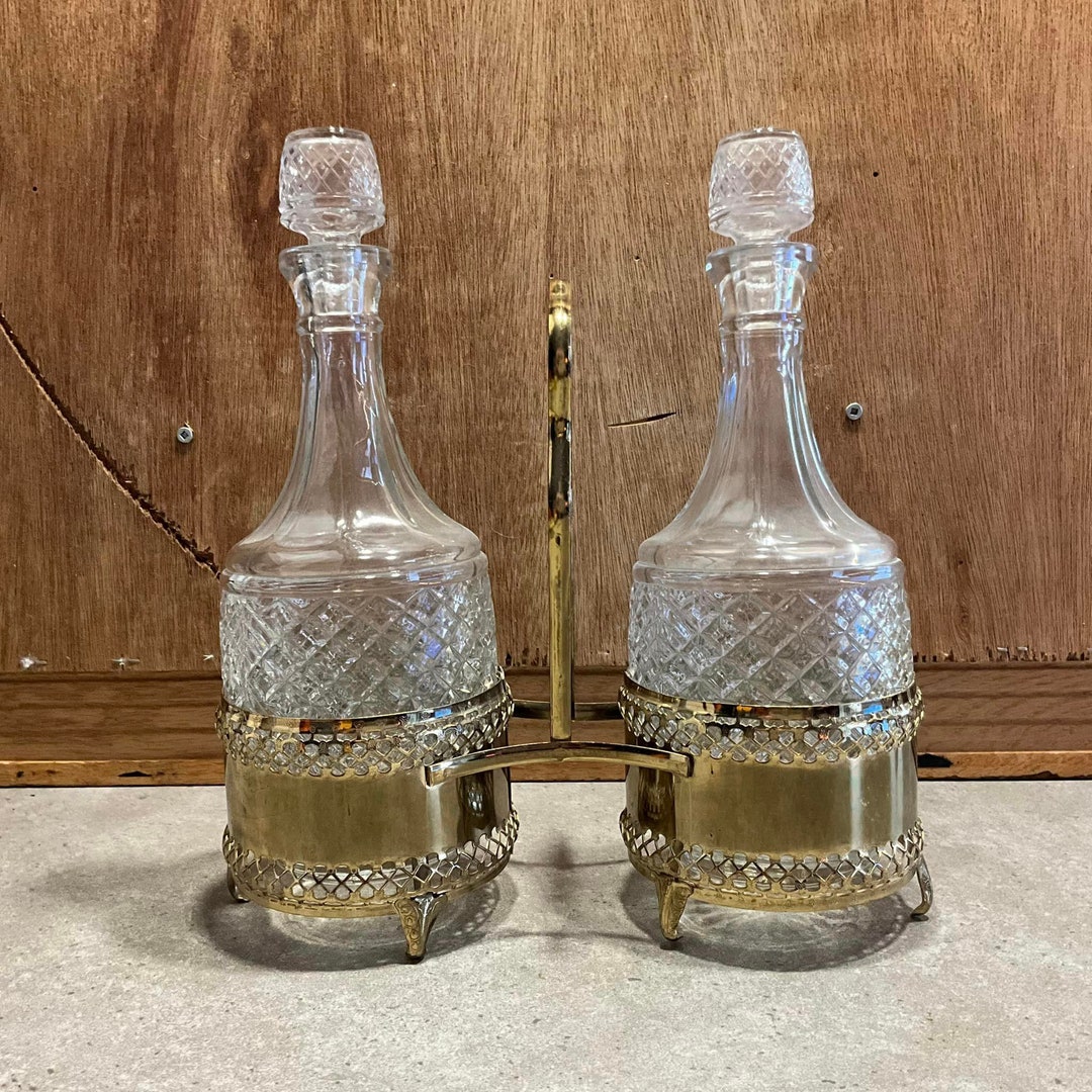 Vintage 2 Decanters Set With Metal Holder With Handle - Etsy