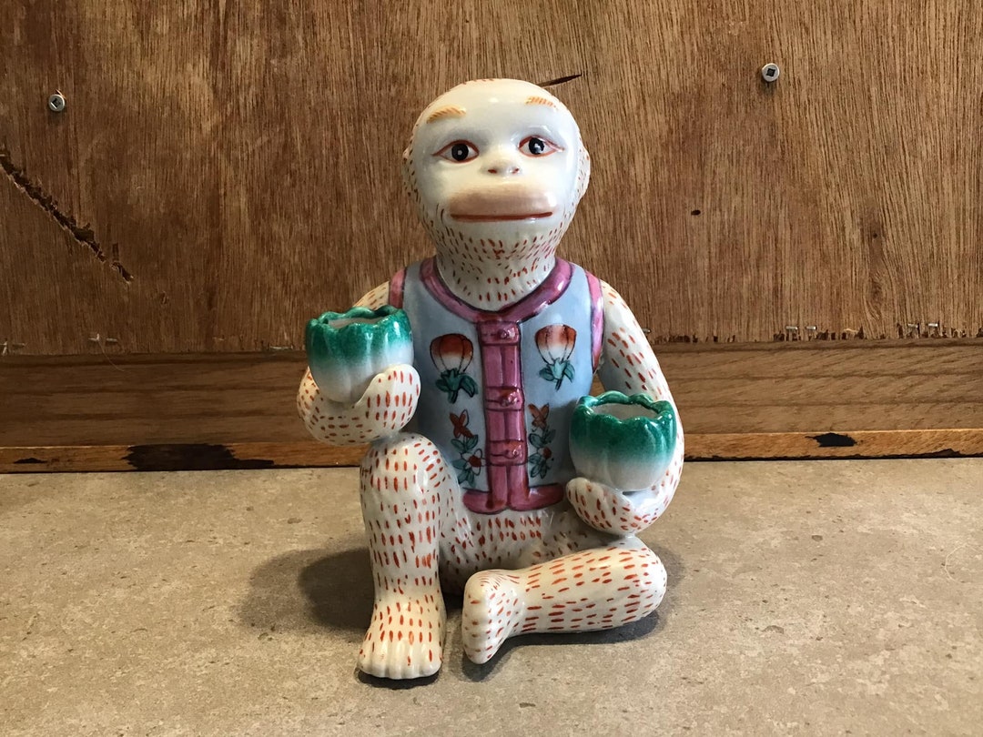 Vintage Chinoiserie Monkey Ceramic Candlestick Candle Holder Statue ...