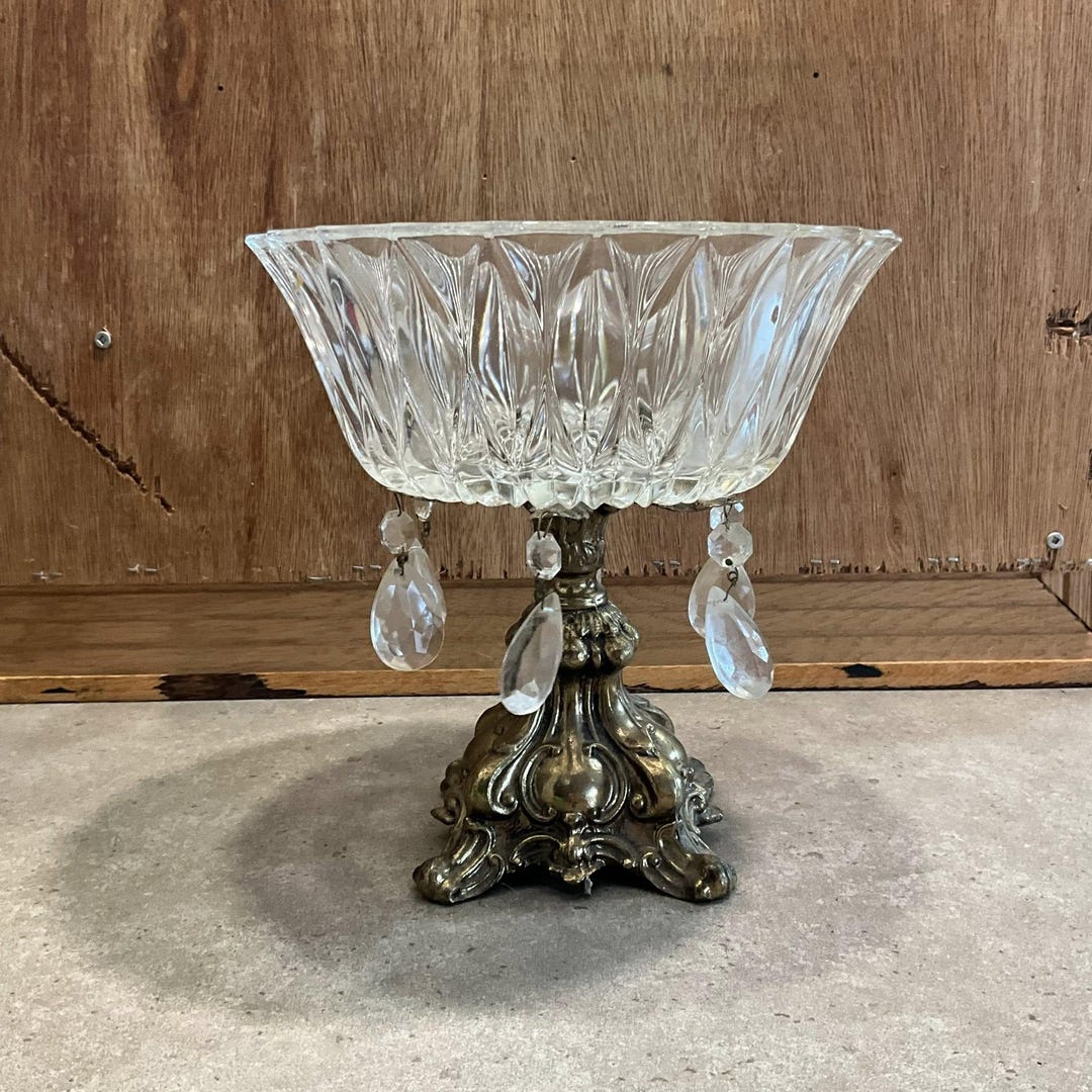 Vintage Crystal Compote Bowl With Faceted Drops and Brass Base Pedestal ...