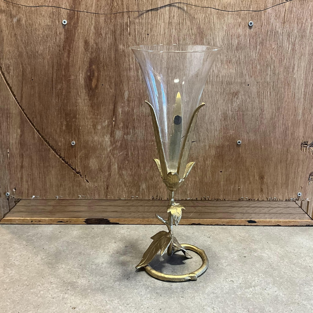 Epergne Floating Glass Vase With/ornate Metal Leaf Stand 14"tall - Etsy