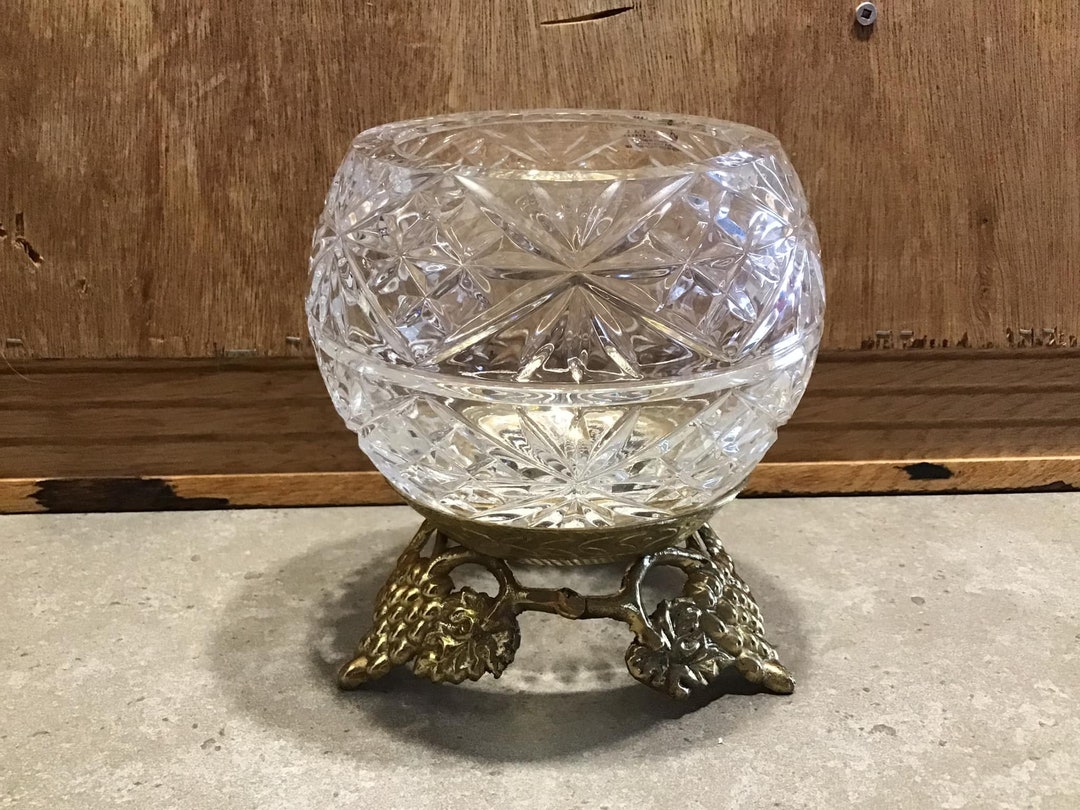 Vintage Royal Irish Crystal Rose Bowl 24% Lead Glass With Grape Brass ...