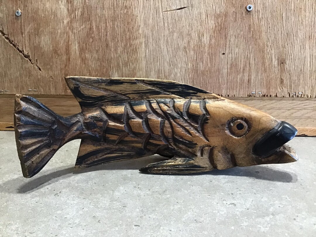 Vintage Hand Carved Wood Carving Fish Art Sculpture 11 Inches Tiki Bar ...