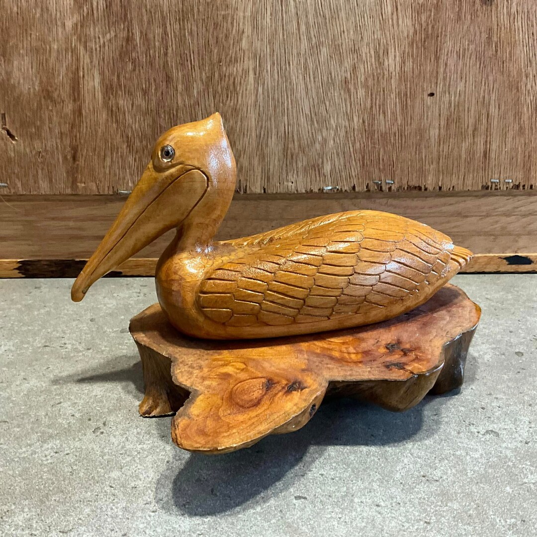 Vintage Carved Wood Pelican Mounted on a Natural Wood Base. - Etsy