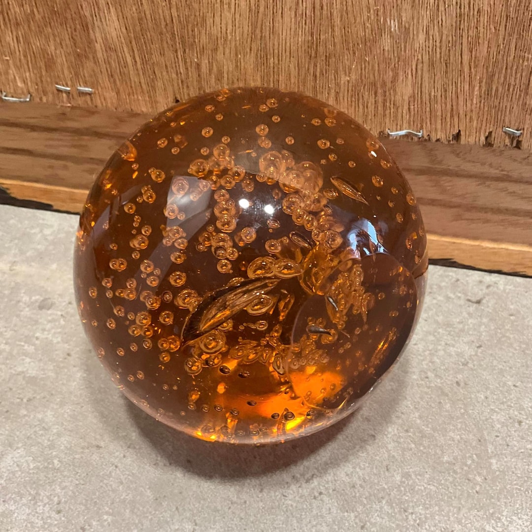 Vintage Amber Controlled Bubbles Round Murano Style Glass Paperweight ...