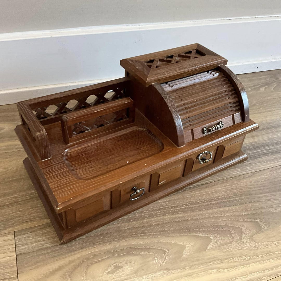 Vintage Men's Valet Roll Top Wood Desk Jewelry Box Organizer Storage - Etsy
